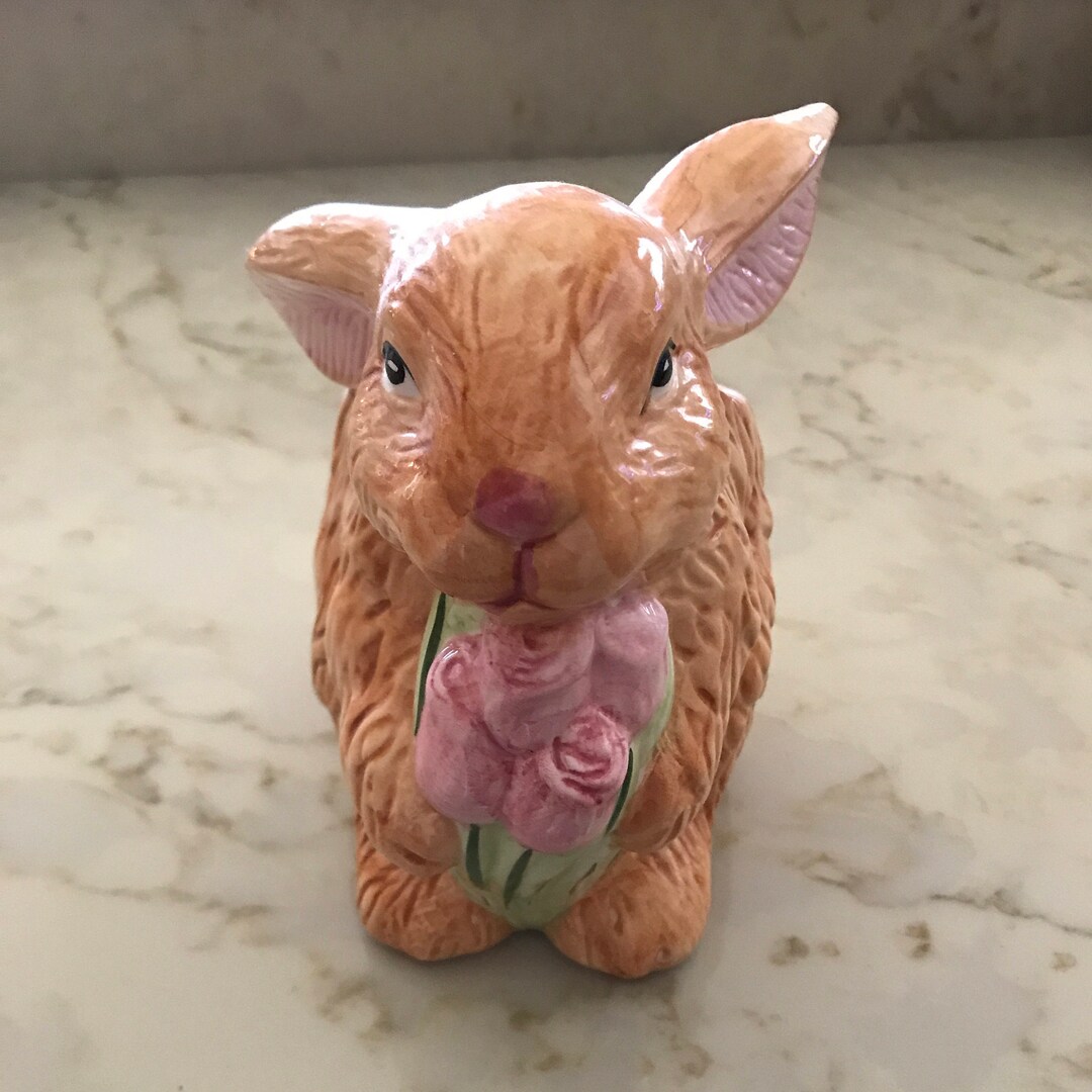 Brown Ceramic or Porcelain Bunny Rabbit Planter Container is Wearing a ...