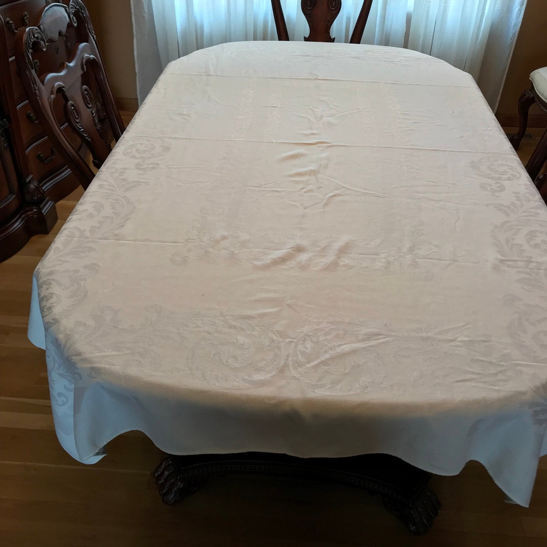 Large White Tablecloth of Damask Linen Fabric, Rectangle 82 Inch by 58 ...