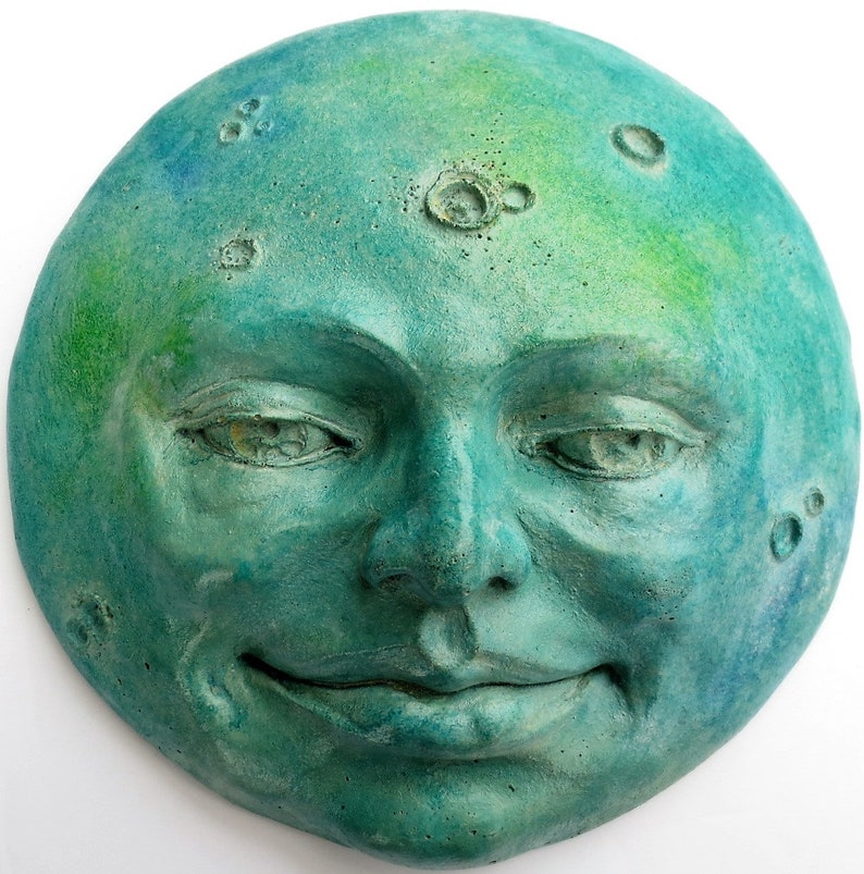 Handmade 8" Turquoise Moon Face Wall Sculpture, Ornamental Blue-green ...