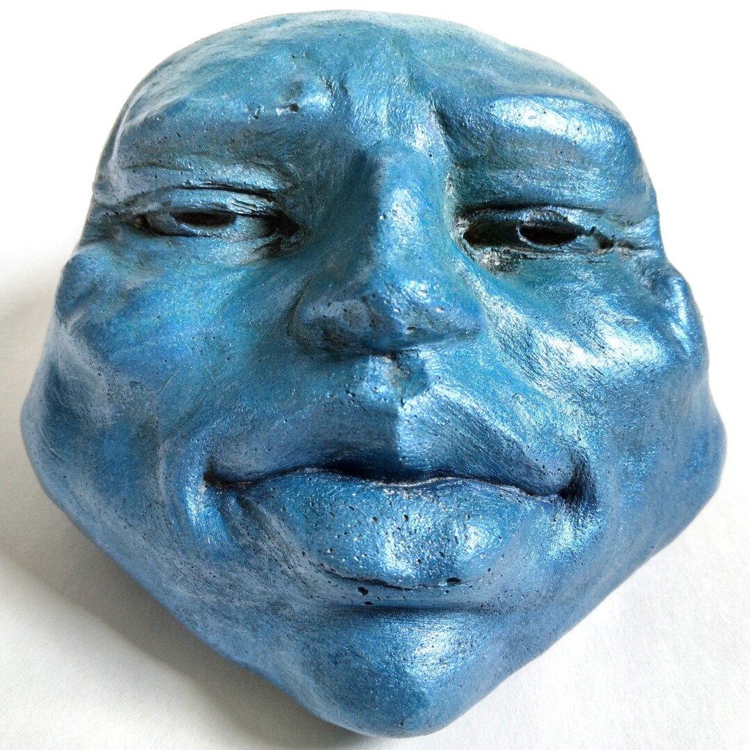 Blue Stone Face Sculpture, Original Art for Home Garden, Handmade ...