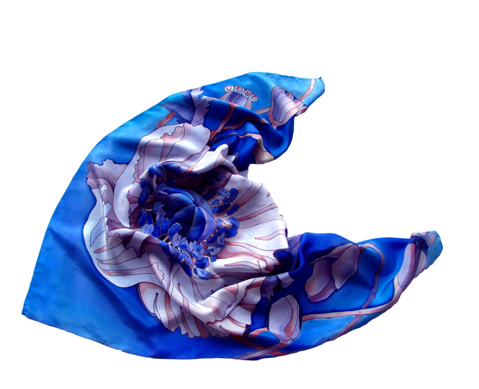 Blue Square Silk Scarf Hand-painted With White Flower - Etsy