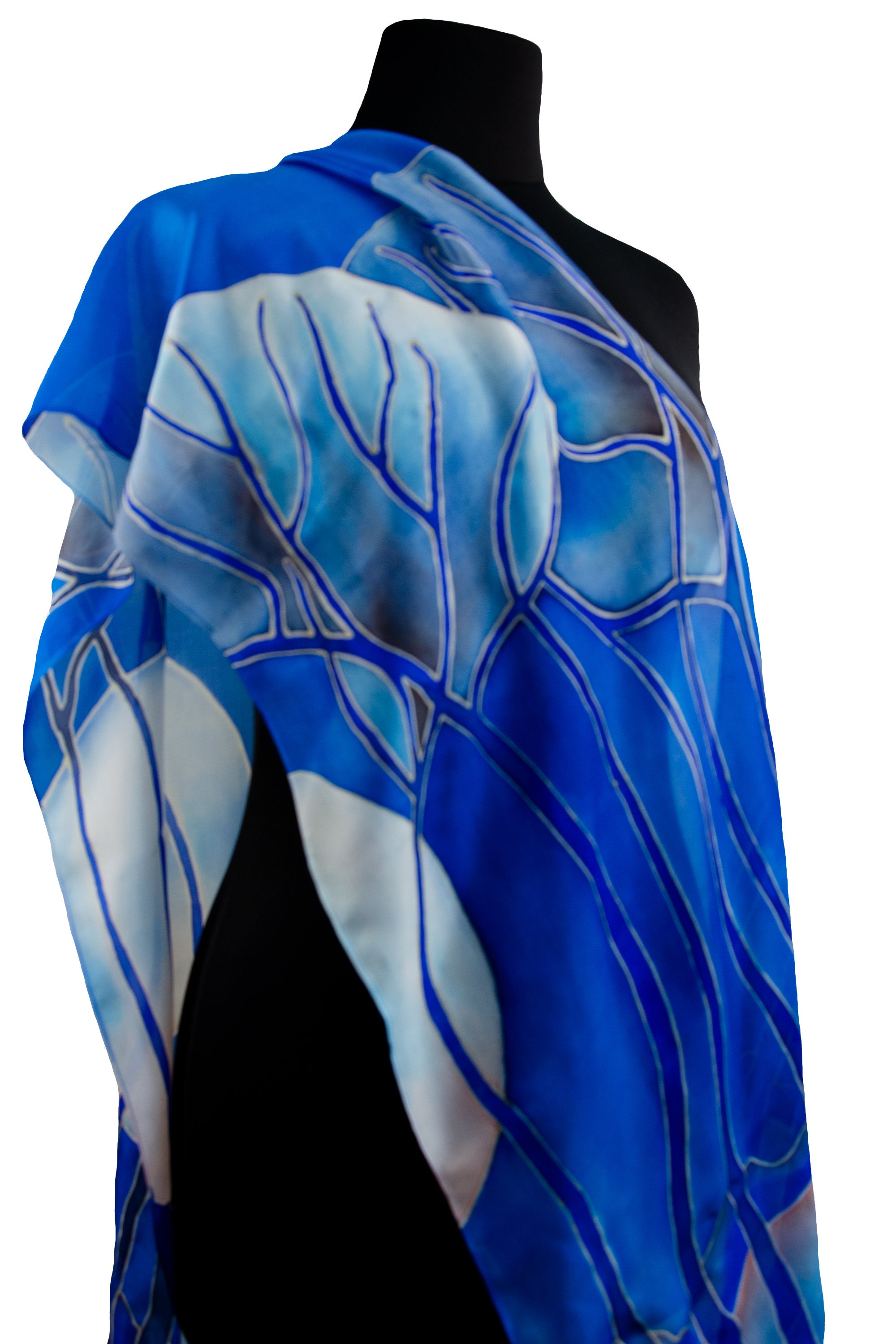 Long Blue Scarf With Trees and Moon Hand Painted Esoteric Silk Scarf ...