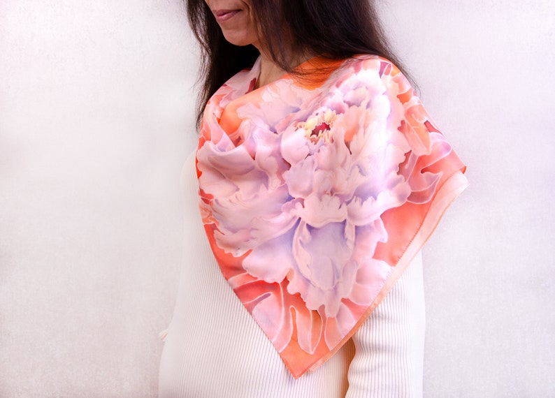 Peonies Silk Scarf Hand Painted Coral Neckerchief for Women - Etsy