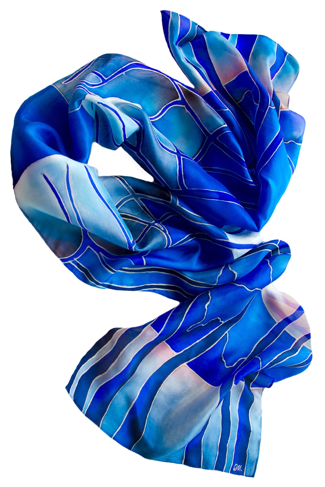 Long Blue Scarf With Trees and Moon Hand Painted Esoteric Silk Scarf ...