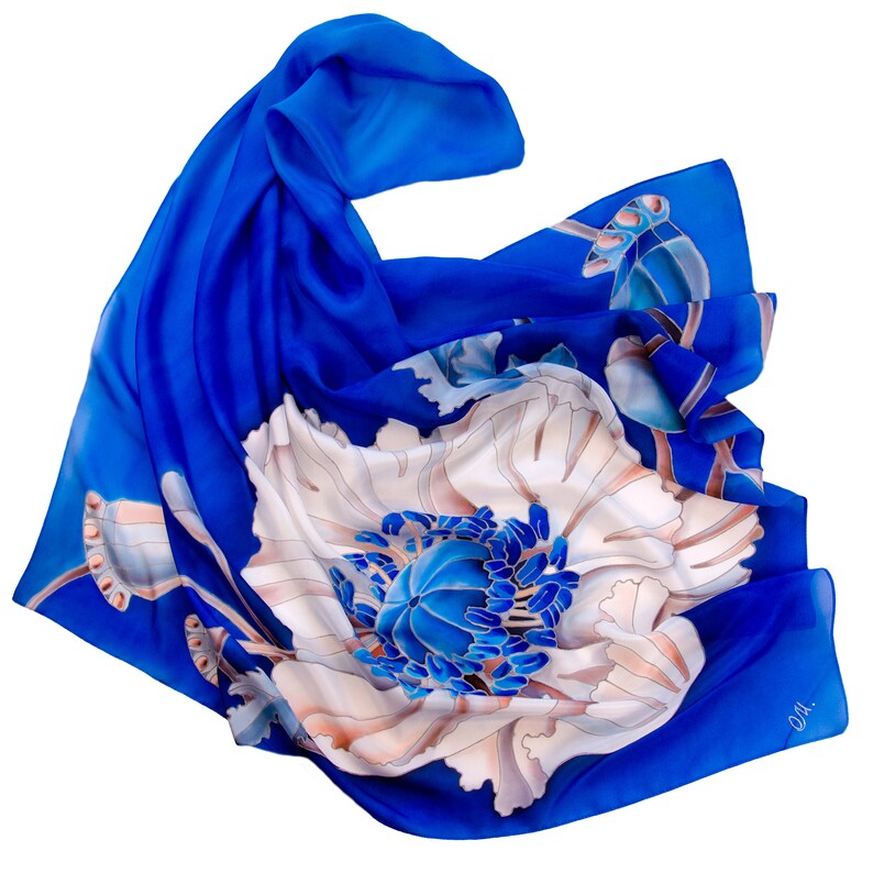 Blue Square Silk Scarf Hand-painted With White Flower Poppy Silk Scarf ...