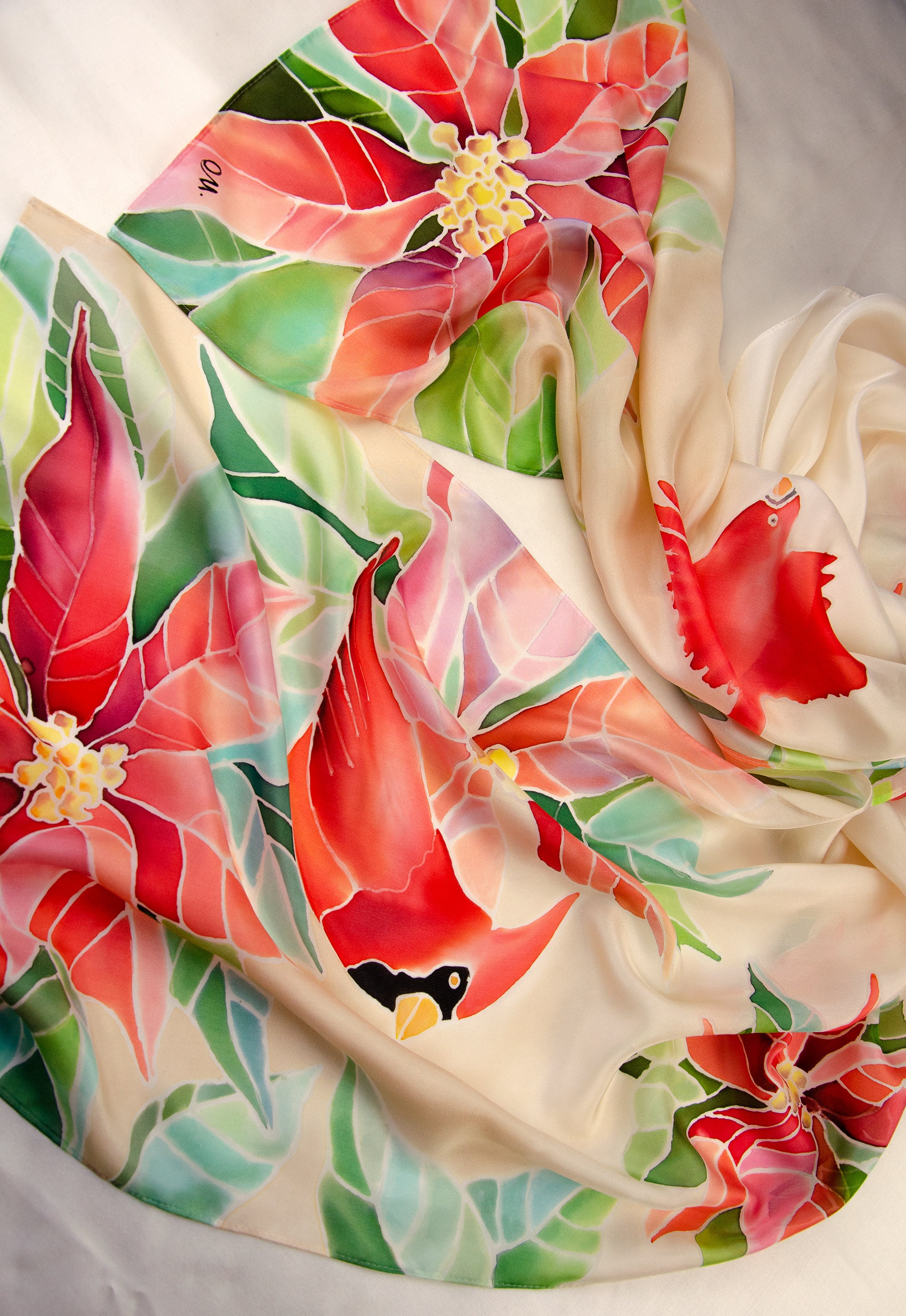 Christmas Silk Scarf With Red Cardinal and Poinsettia Hand Painted ...