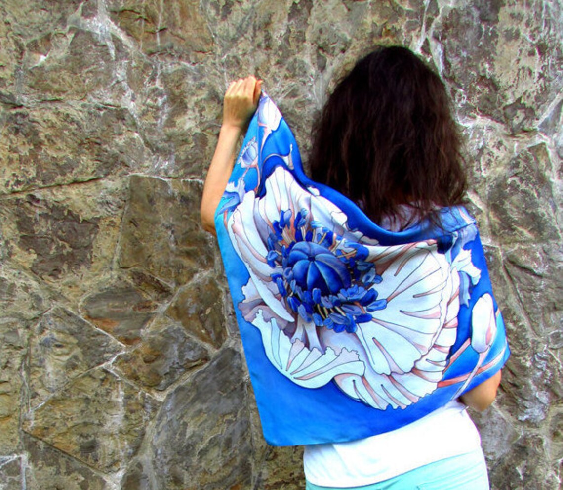 Blue Square Silk Scarf Hand-painted With White Flower - Etsy