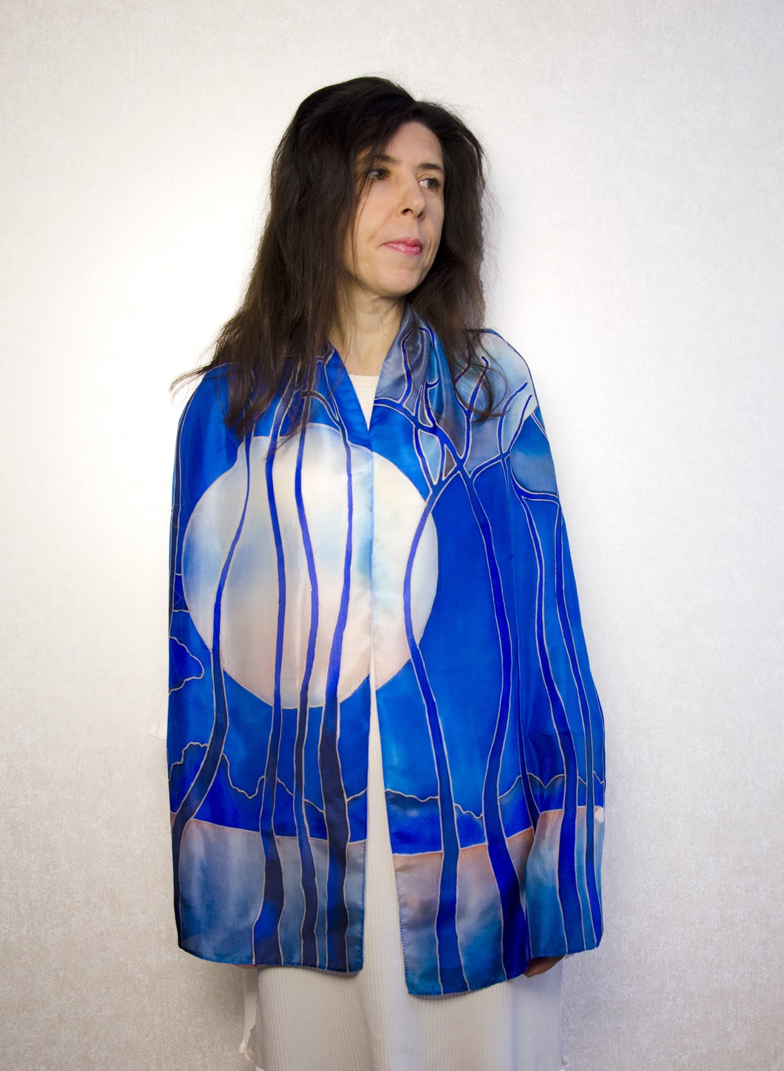 Long Blue Scarf With Trees and Moon Hand Painted Esoteric Silk Scarf ...