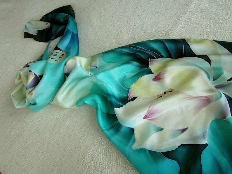 Lotus Scarf Hand Painted, Emerald Silk Scarf, Sister Gift - Etsy
