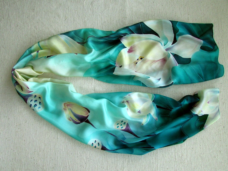 Lotus Scarf Hand Painted Emerald Silk Scarf Sister Gift - Etsy