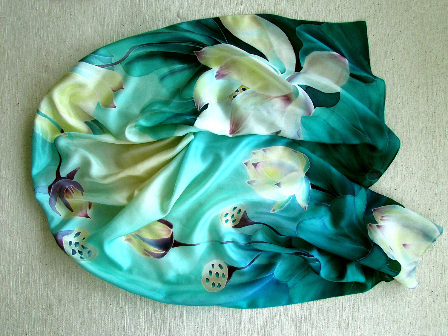 Lotus Scarf Hand Painted Emerald Silk Scarf Sister Gift - Etsy Canada