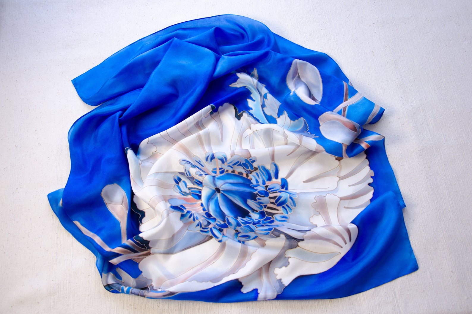 Blue Square Silk Scarf Hand-painted With White Flower - Etsy
