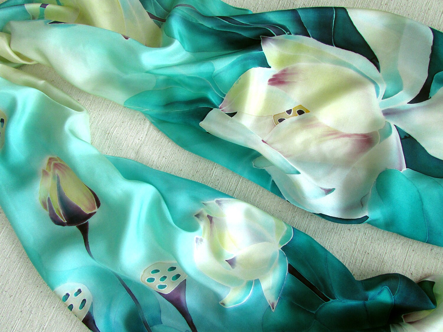 Lotus Scarf Hand Painted Emerald Silk Scarf Sister Gift - Etsy Canada