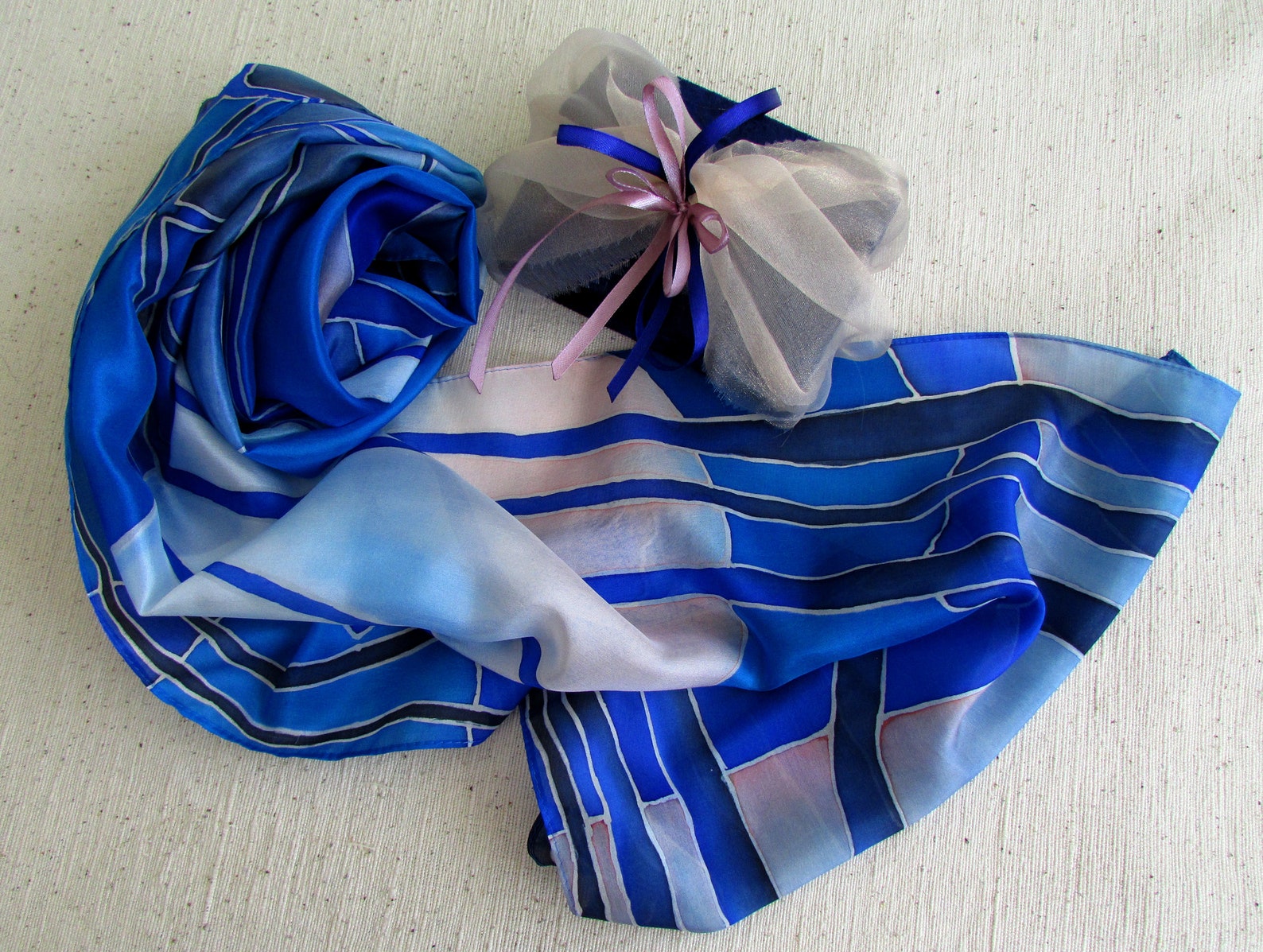 Long Blue Scarf With Trees and Moon Hand Painted Esoteric Silk Scarf ...