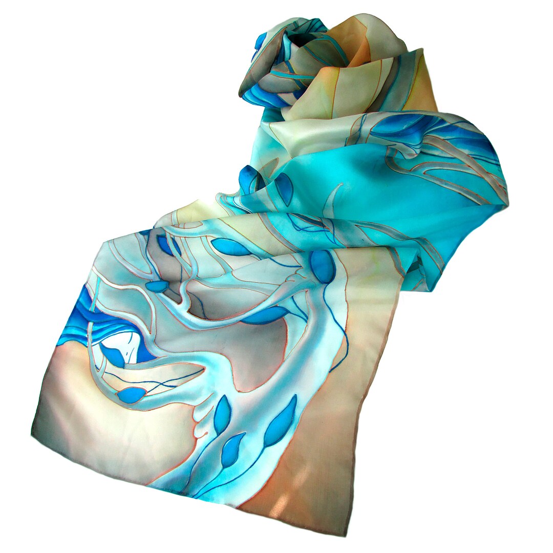 Teal Silk Scarf Hand Painted Trees and Moon Romantic Gift for Wife - Etsy