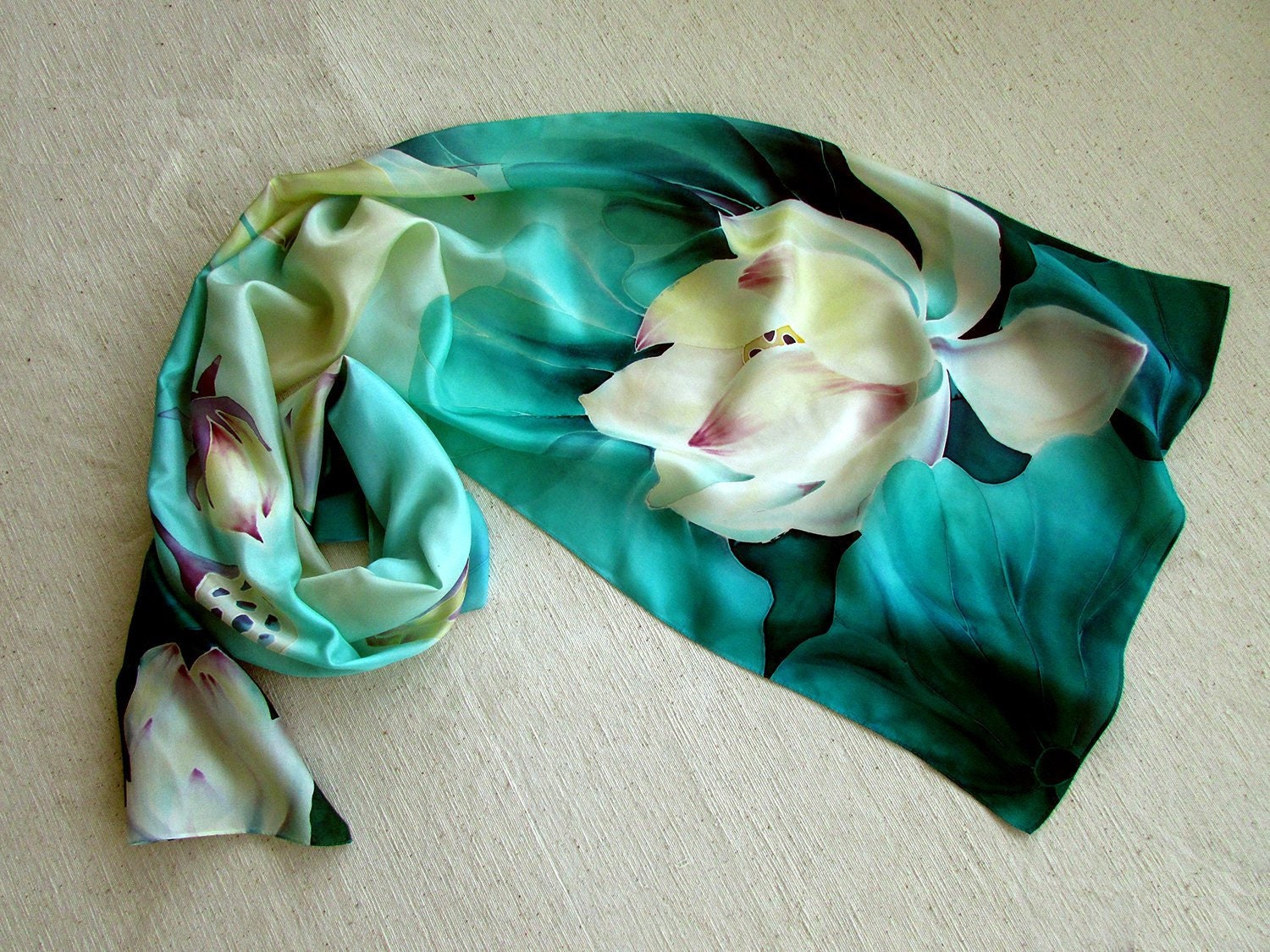 Lotus Scarf Hand Painted, Emerald Silk Scarf, Sister Gift - Etsy Canada