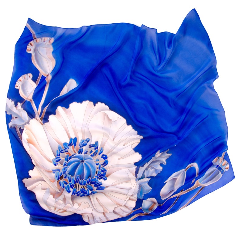 Blue Square Silk Scarf Hand-painted With White Flower Poppy Silk Scarf ...