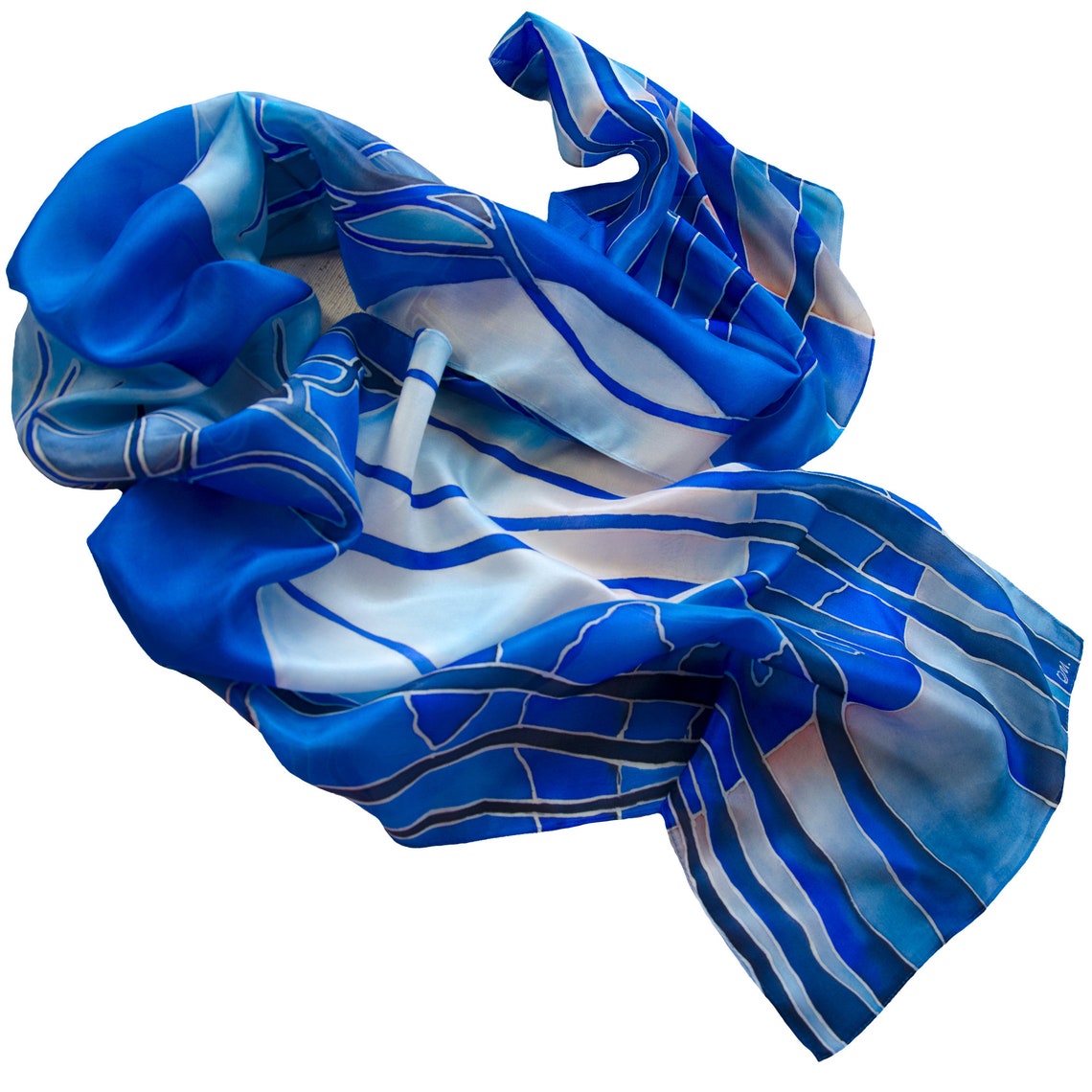 Long Blue Scarf With Trees and Moon Hand Painted Esoteric Silk Scarf ...