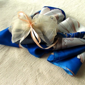 Blue Square Silk Scarf Hand-painted With White Flower | Etsy