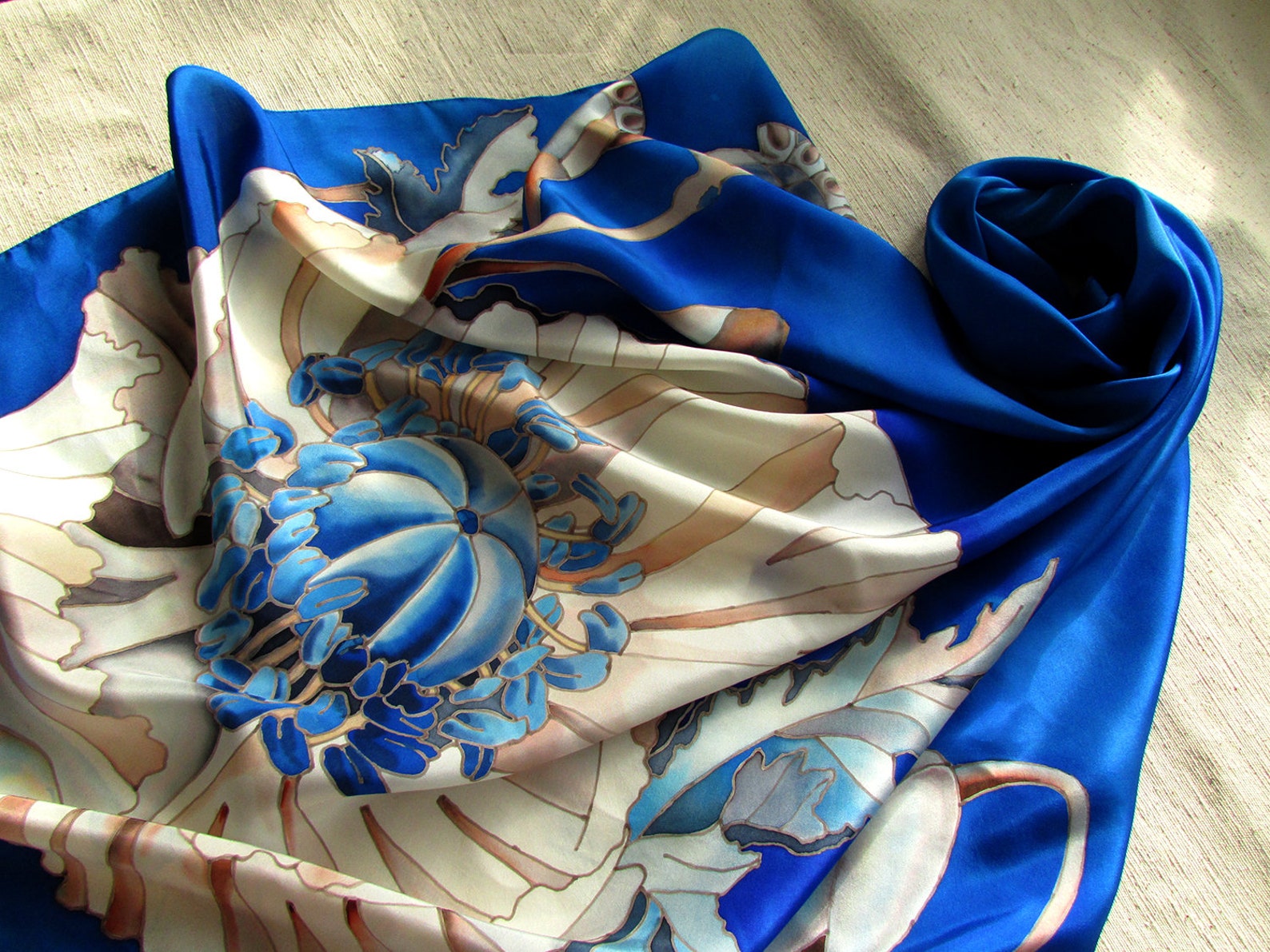 Blue Square Silk Scarf Hand-painted With White Flower | Etsy