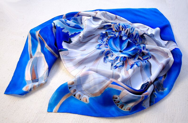 Blue Square Silk Scarf Hand-painted With White Flower - Etsy