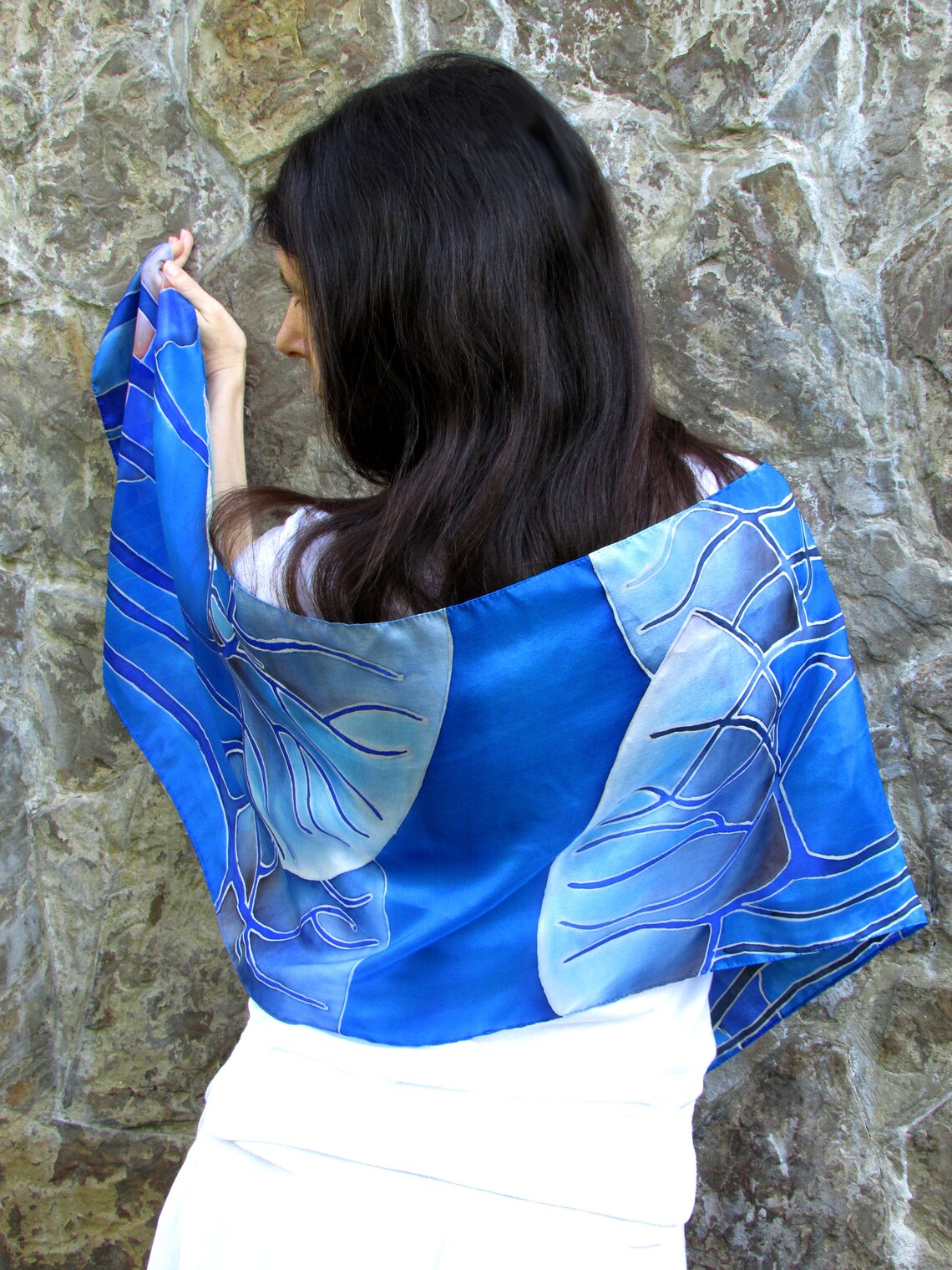 Long Blue Scarf With Trees and Moon Hand Painted Esoteric Silk Scarf ...