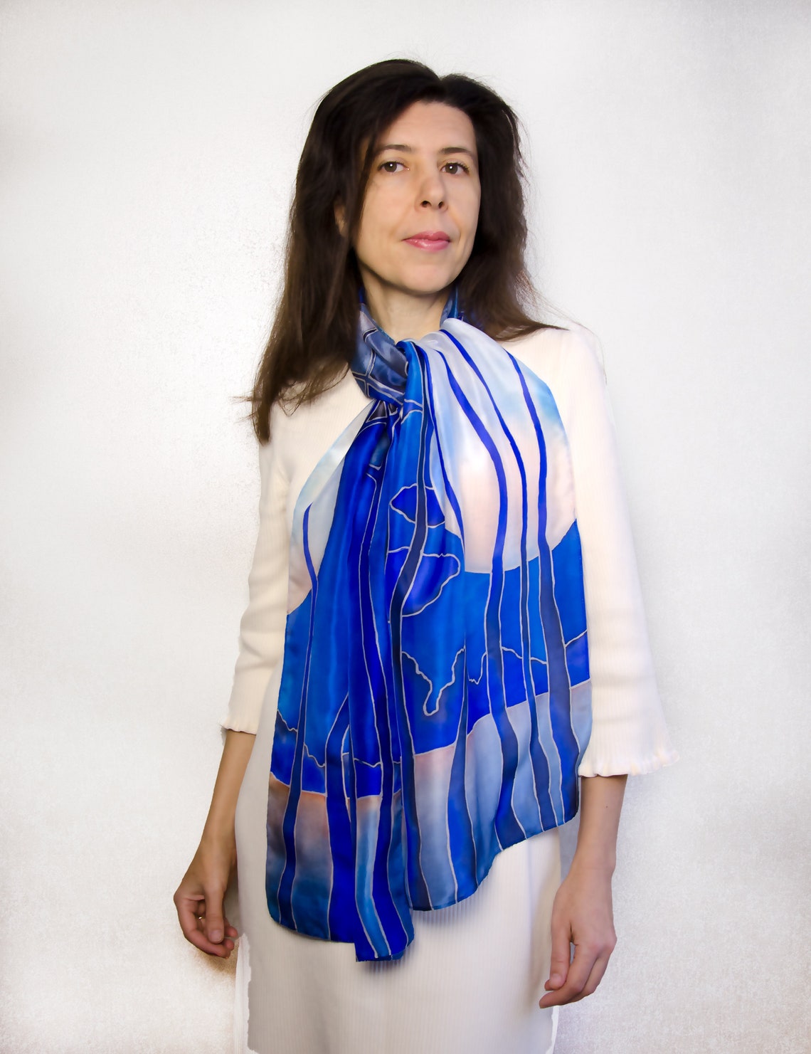 Long Blue Scarf With Trees and Moon Hand Painted Esoteric Silk Scarf ...