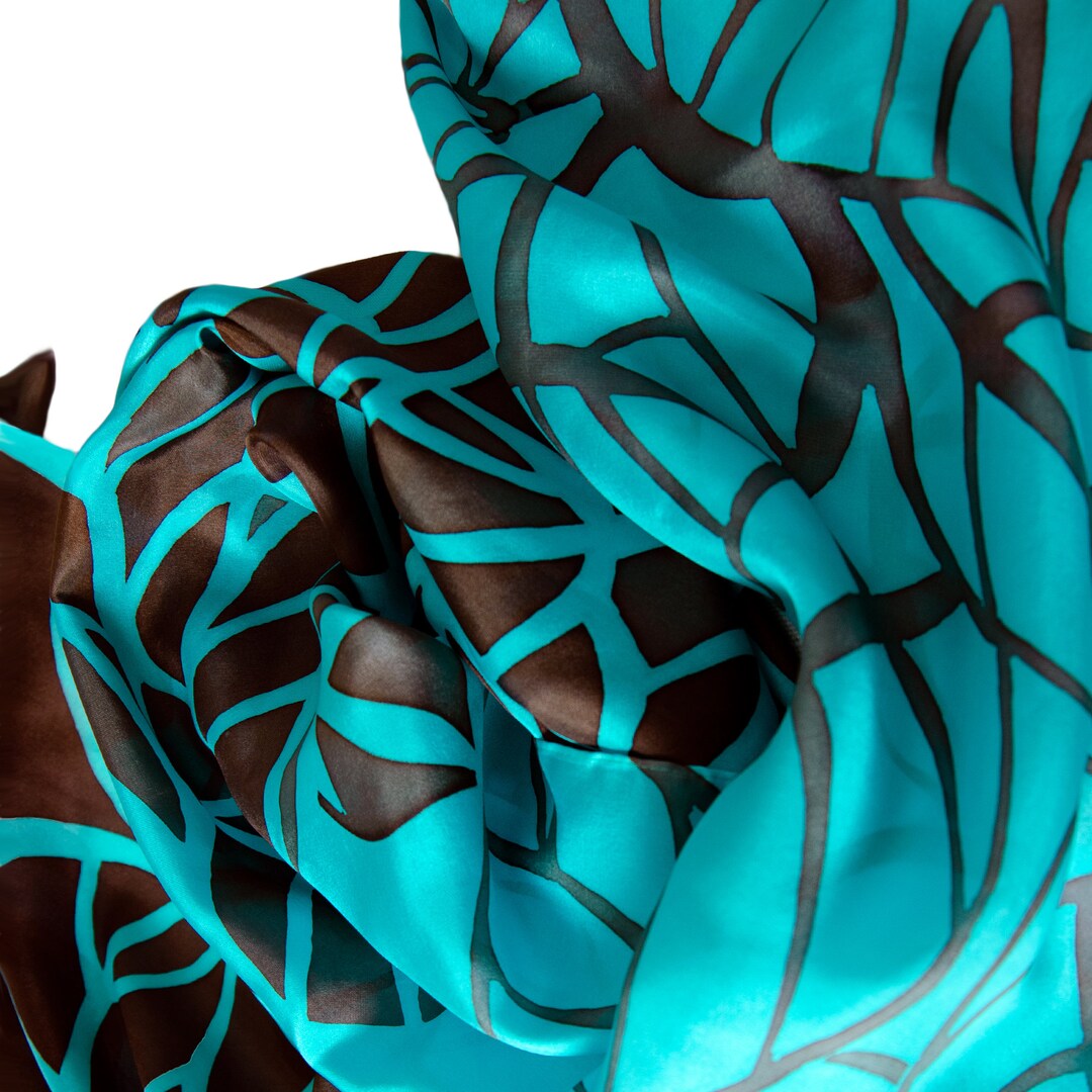 Teal Silk Scarf Hand Painted Abstract Long Scarf With Leaves ...