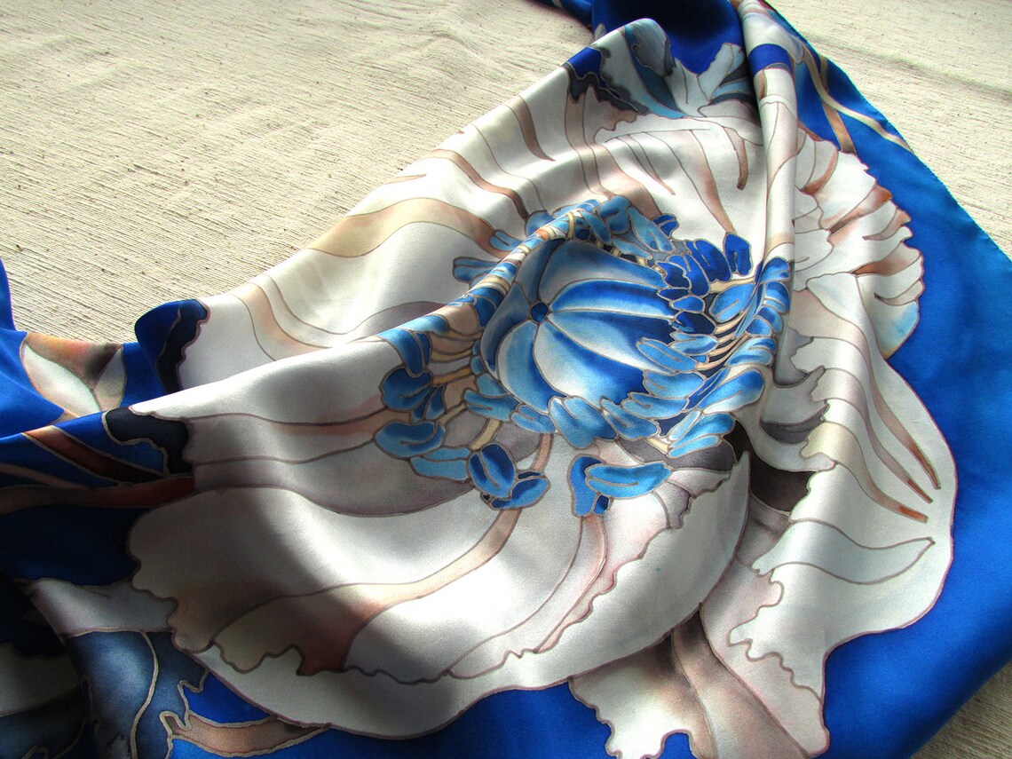 Blue Square Silk Scarf Hand-painted With White Flower | Etsy