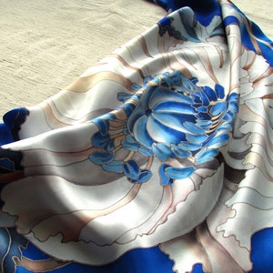 Blue Square Silk Scarf Hand-painted With White Flower - Etsy