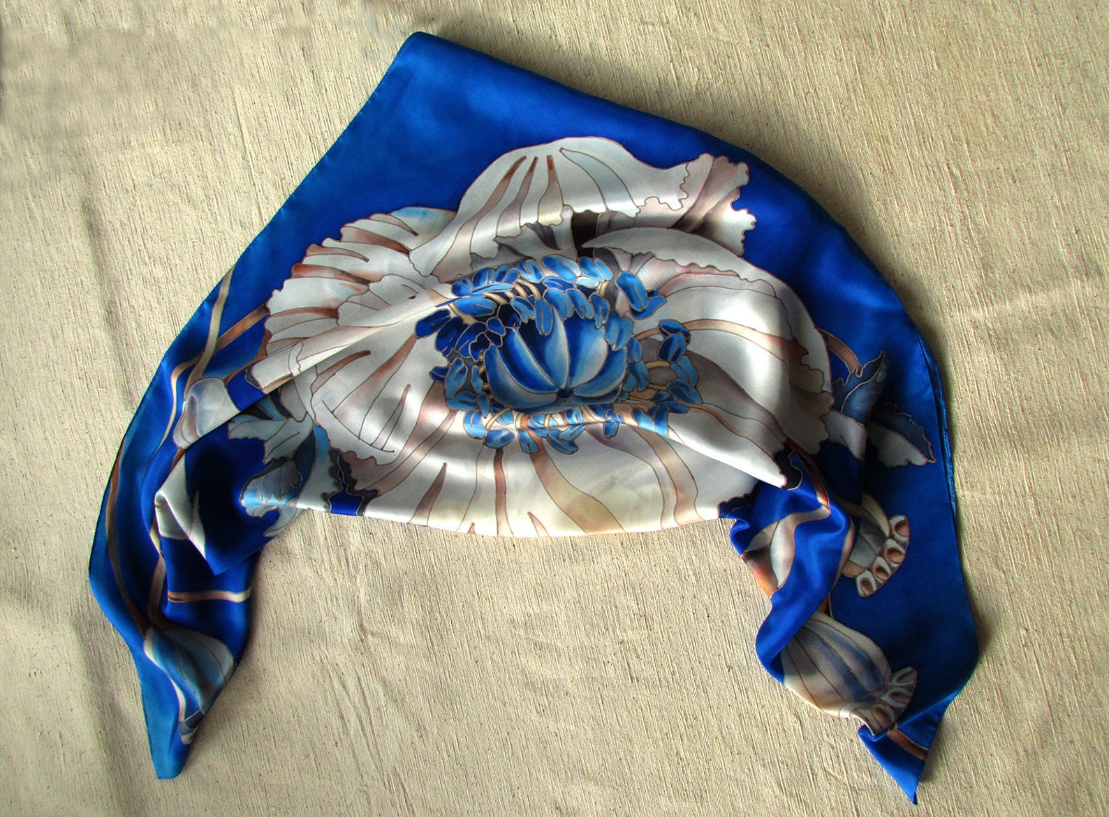 Blue Square Silk Scarf Hand-painted With White Flower | Etsy