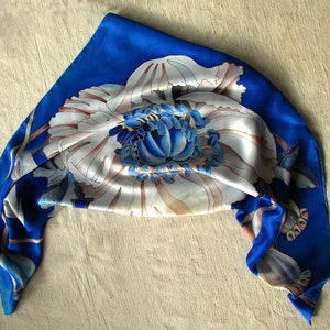 Blue Square Silk Scarf Hand-painted With White Flower | Etsy