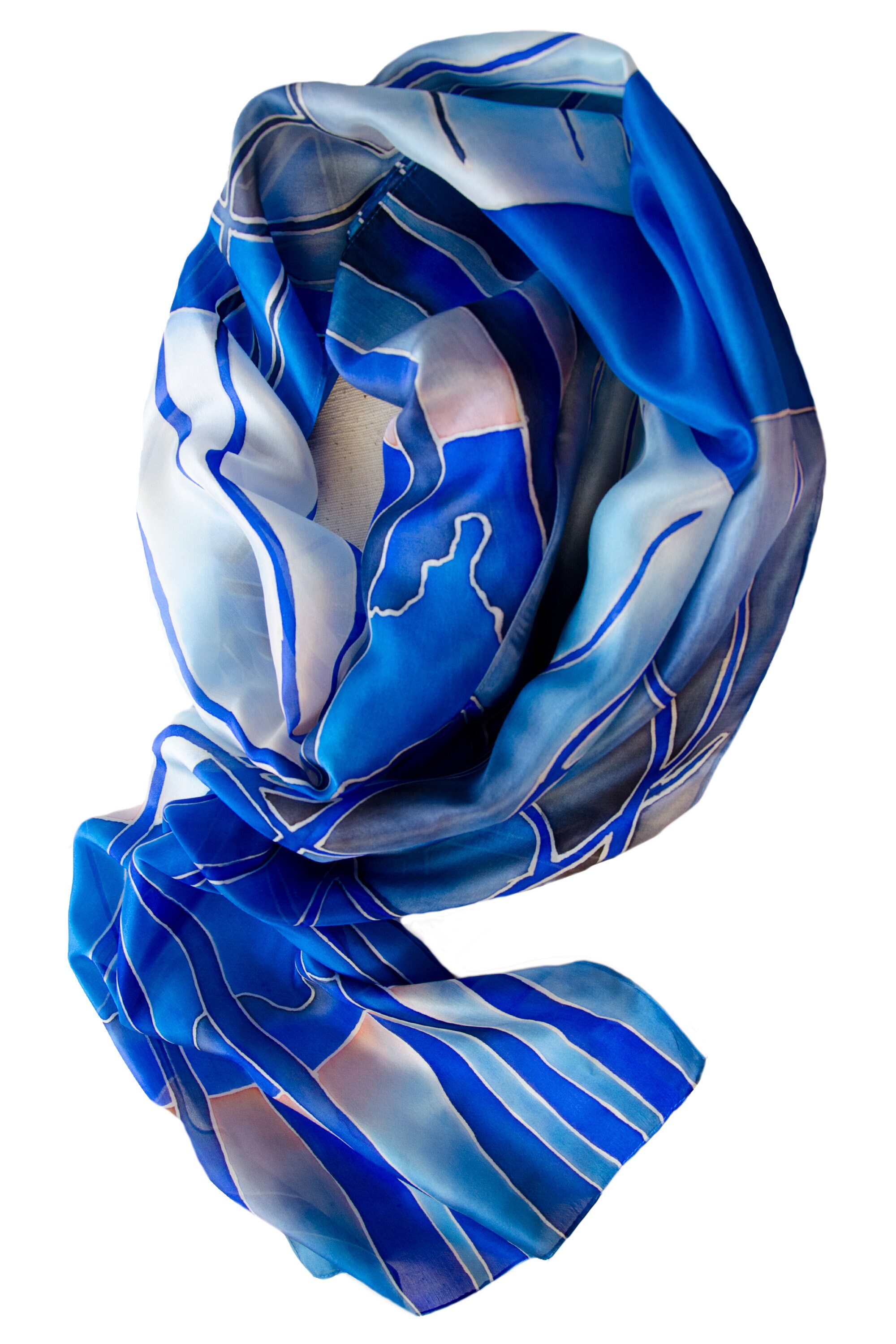 Long Blue Scarf With Trees and Moon Hand Painted Esoteric Silk Scarf ...