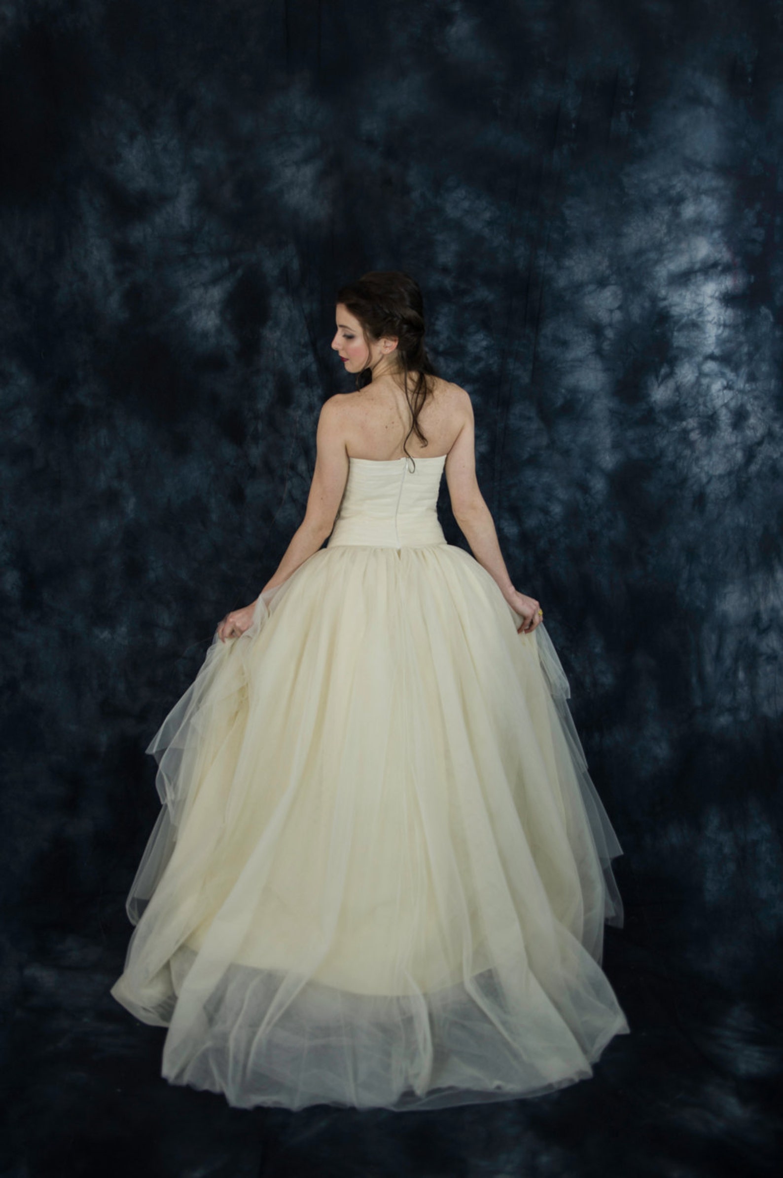 Champagne Wedding Dress in Tulle and Lace, Beige Strapless Wedding ...