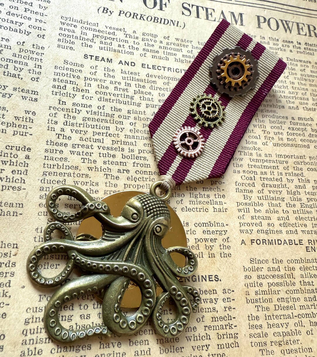 Handmade Steampunk Medal: Octopus, Gears, Military Ribbon Brooch - Etsy ...