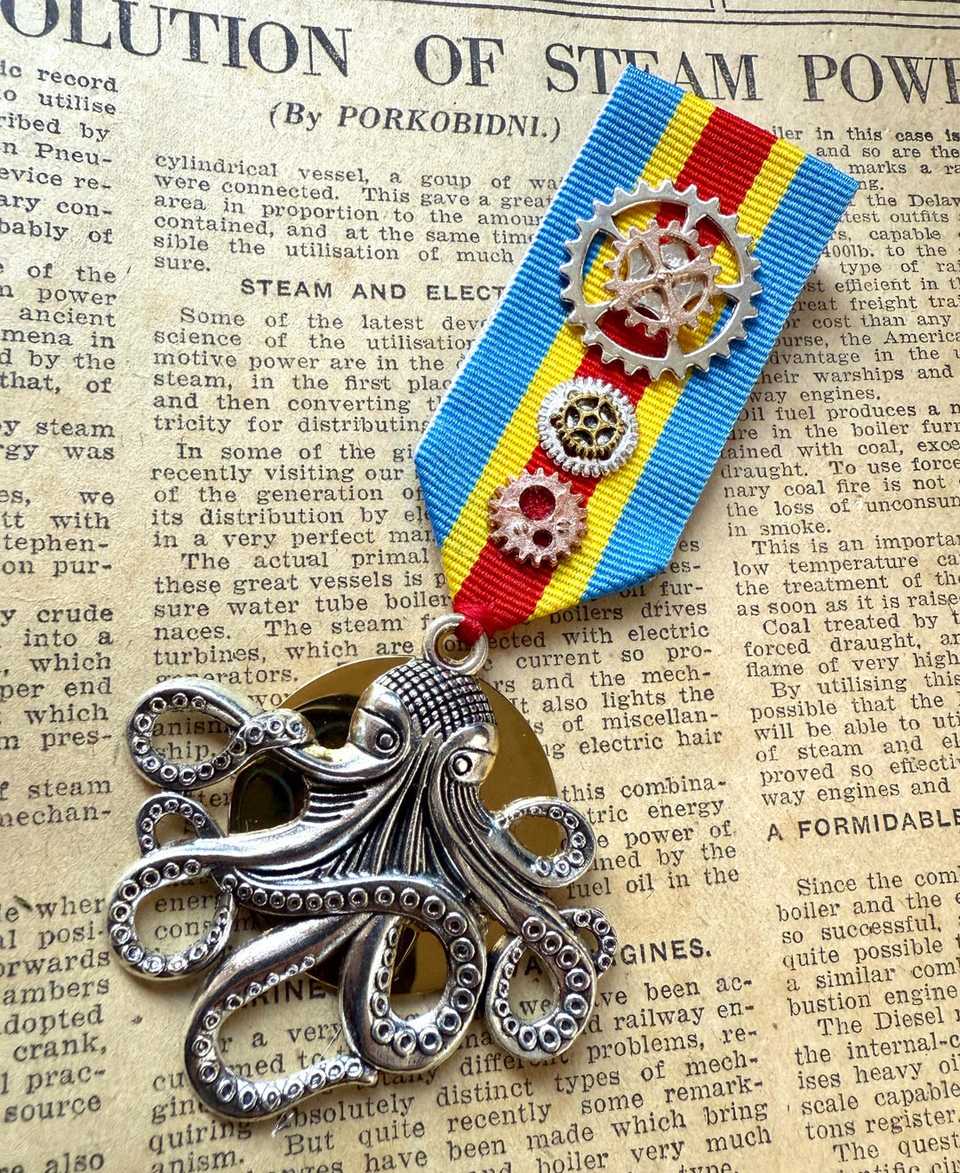 Handmade Steampunk Medal: Octopus, Gears, Military Ribbon Brooch - Etsy