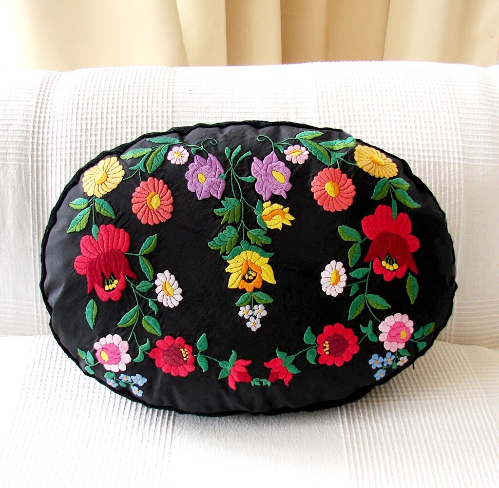 Matyo Hungarian Folk Hand Embroidered Oval Pillow, Colorful Art Gift ...