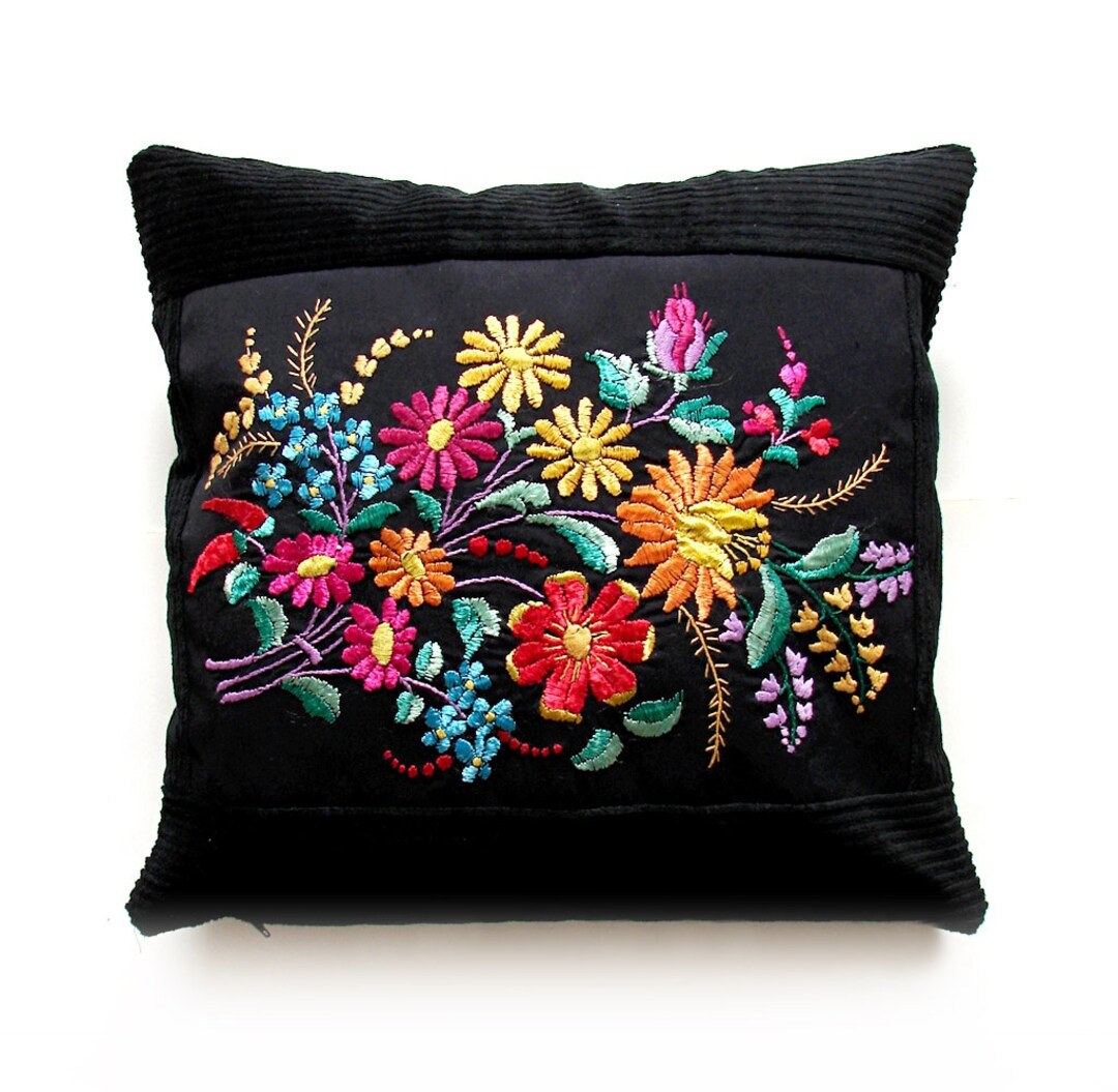 Silk Matyo Bouquet of Flowers Embroidery, Black Pillowcase, Folk Art ...