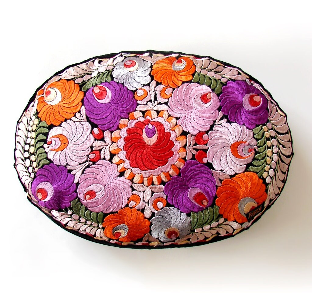 Colorful Matyo Hungarian Hand Embroidered Oval Pillow, Folk Art Gift ...