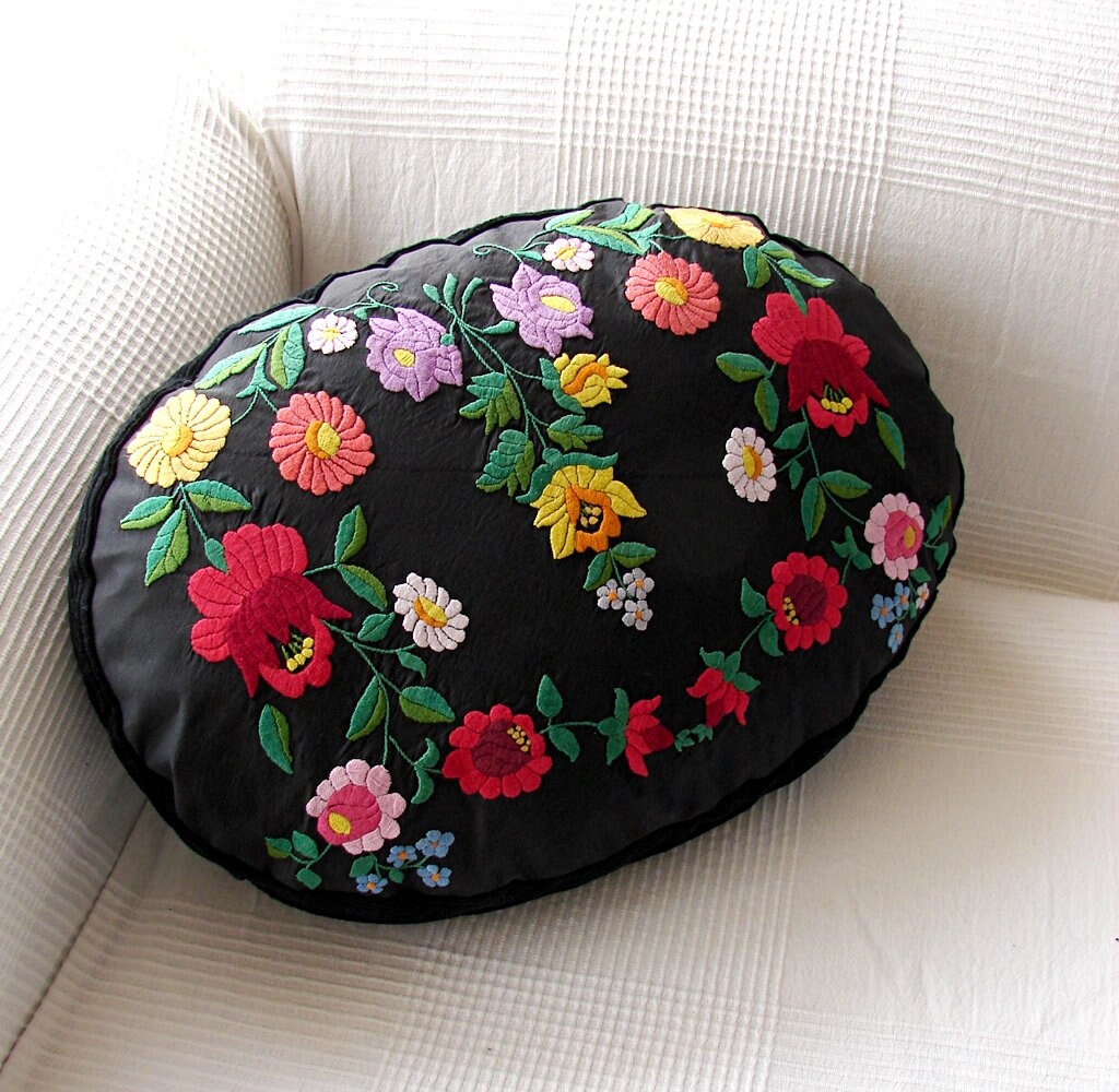 Matyo Hungarian Folk Hand Embroidered Oval Pillow, Colorful Art Gift ...