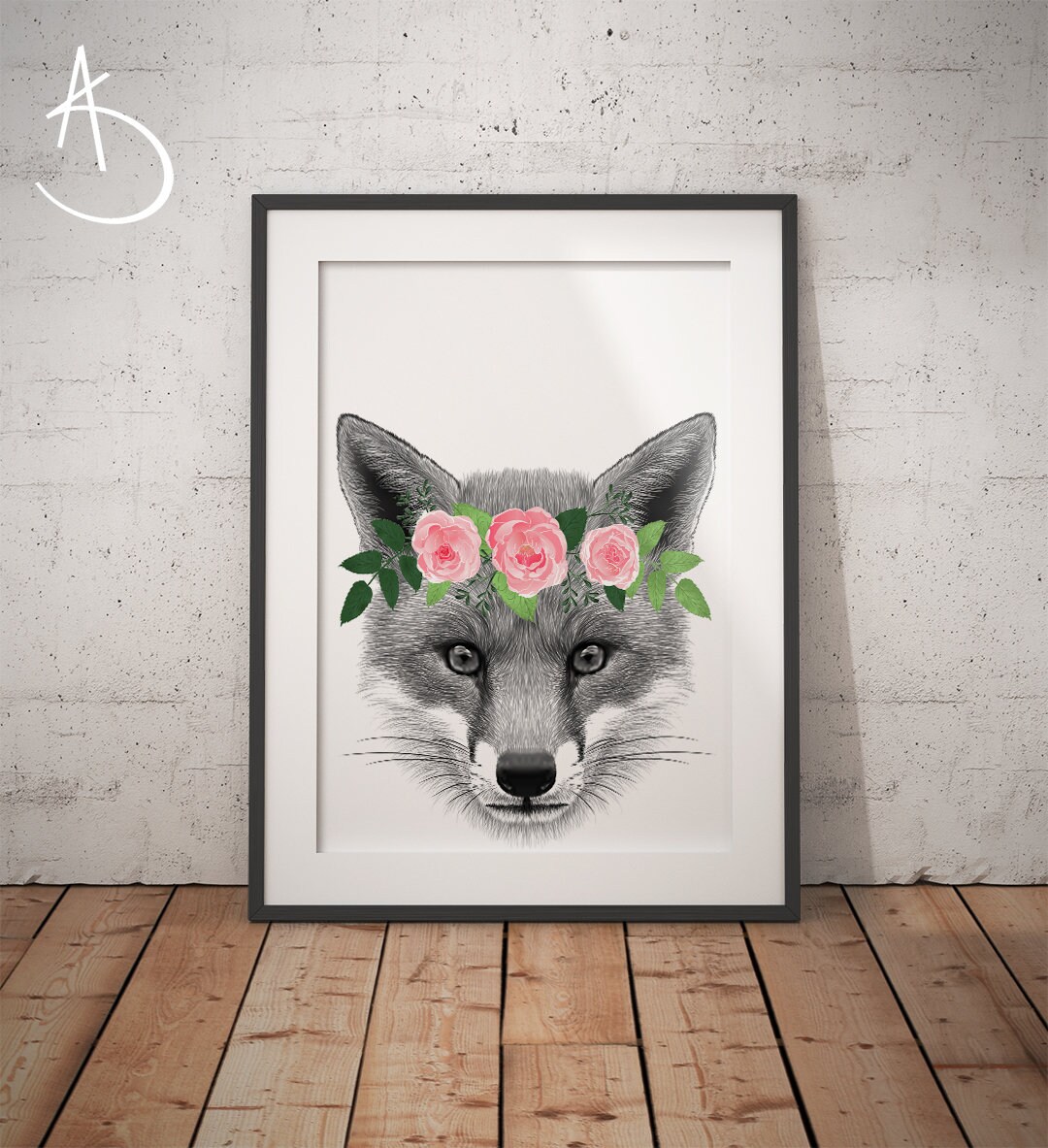 Fox Flower Crown, Fox Print, Printable Wall Art, Animals Floral Crowns ...