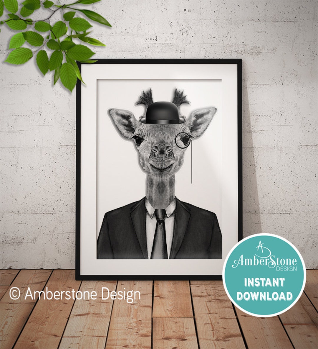 Dapper Giraffe in Suit Art Print: Black and White Drawing (digital ...