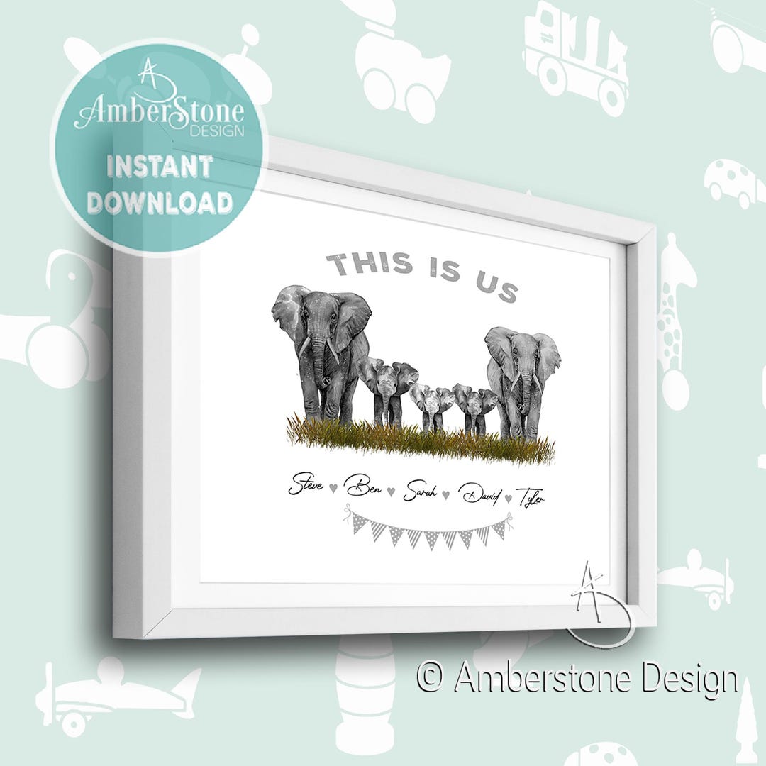 Elephant Family Print, Personalized Family Portrait, Nursery Wall Art ...