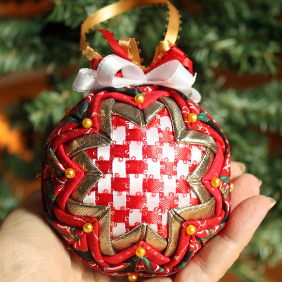 Quilted Christmas Ornament With Gift Box Red and White Ribbon Woven Center Folded Fabric Handmade Holiday Ornament Gold Red White Etsy