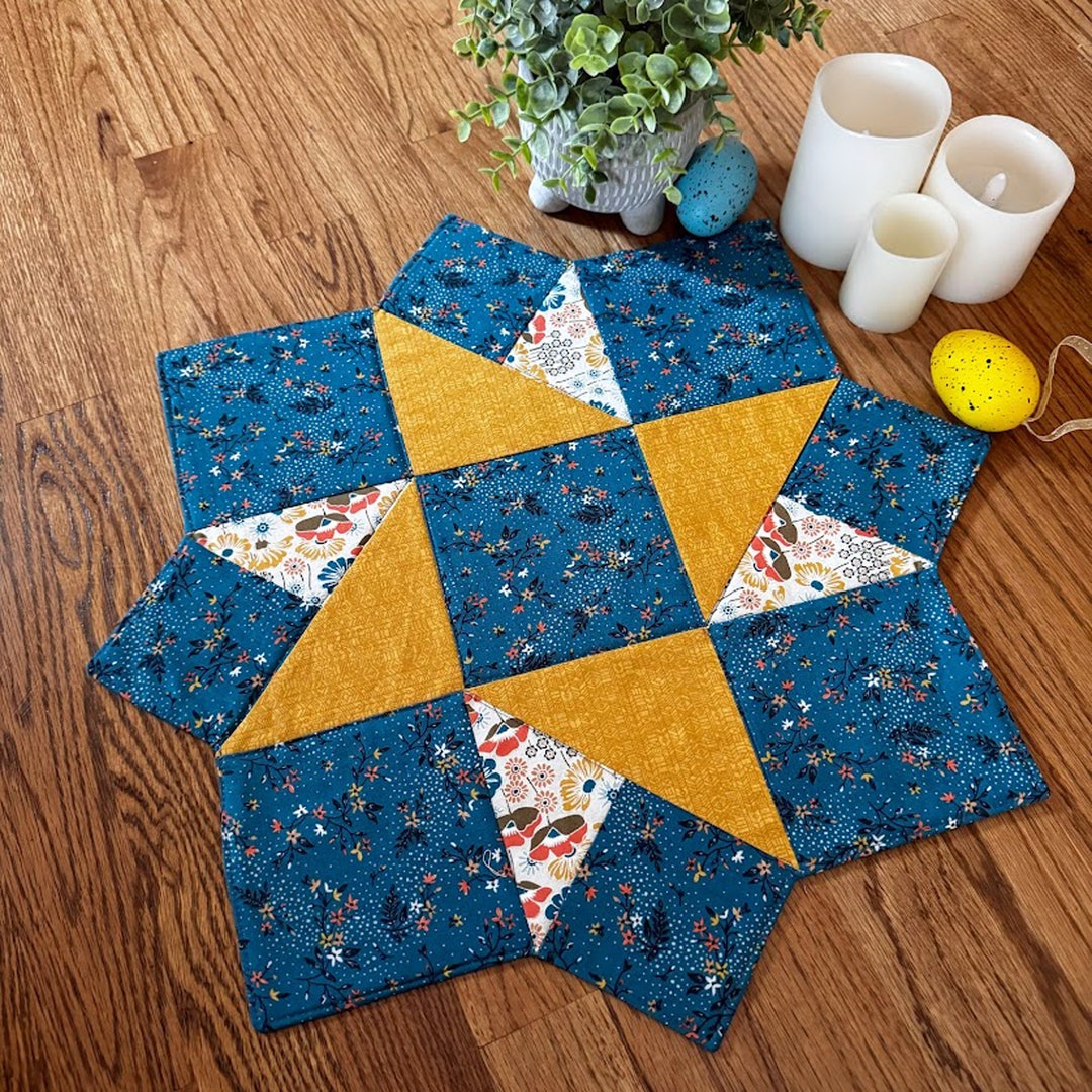 Star Table Topper in Yellow & Blue, Quilted Table Runner, 19.5 X 21 ...