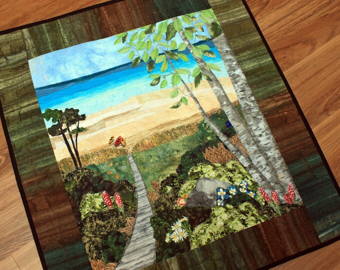 Landscape Quilt, Quilted Fiber Art, Lake Shore Scene, Kayaks, Handmade ...
