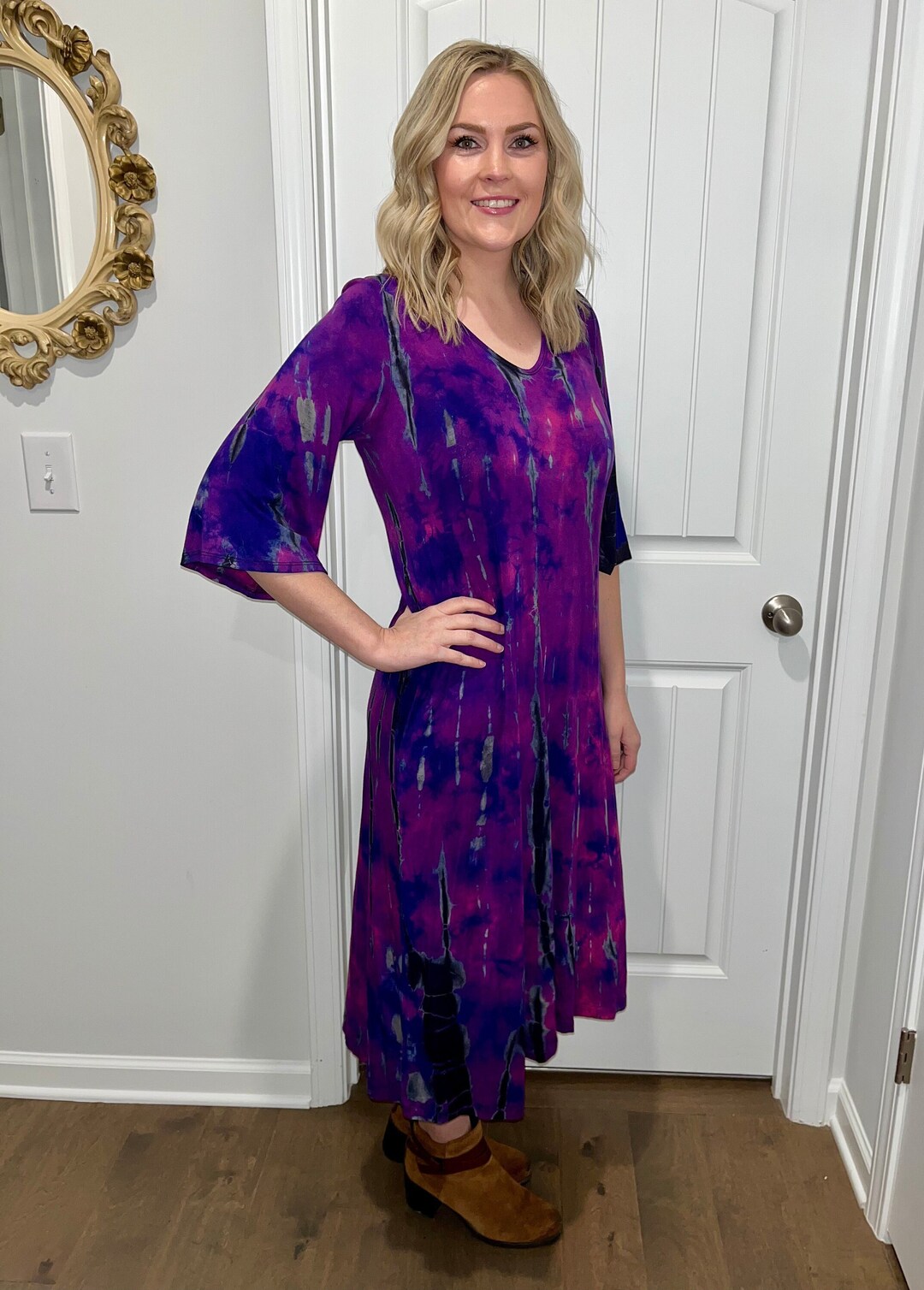 Mid Calf Length Dress, Tie Dye Below Knee Dress, Loose Sleeve Boho Midi ...