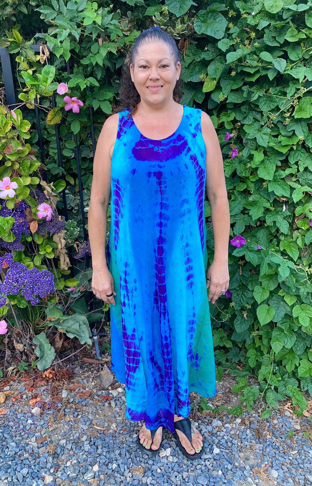 Plus Size Summer Tank Dress Tie Dye Tank Dress Cotton Gauze Dress Shift Dyed In Blues