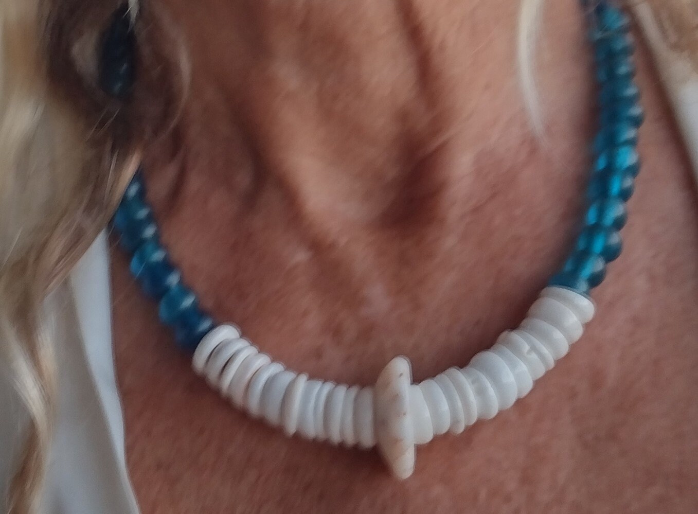 Puka Shell Necklace, Antique Glass Necklace, Blue Glass Necklace ...