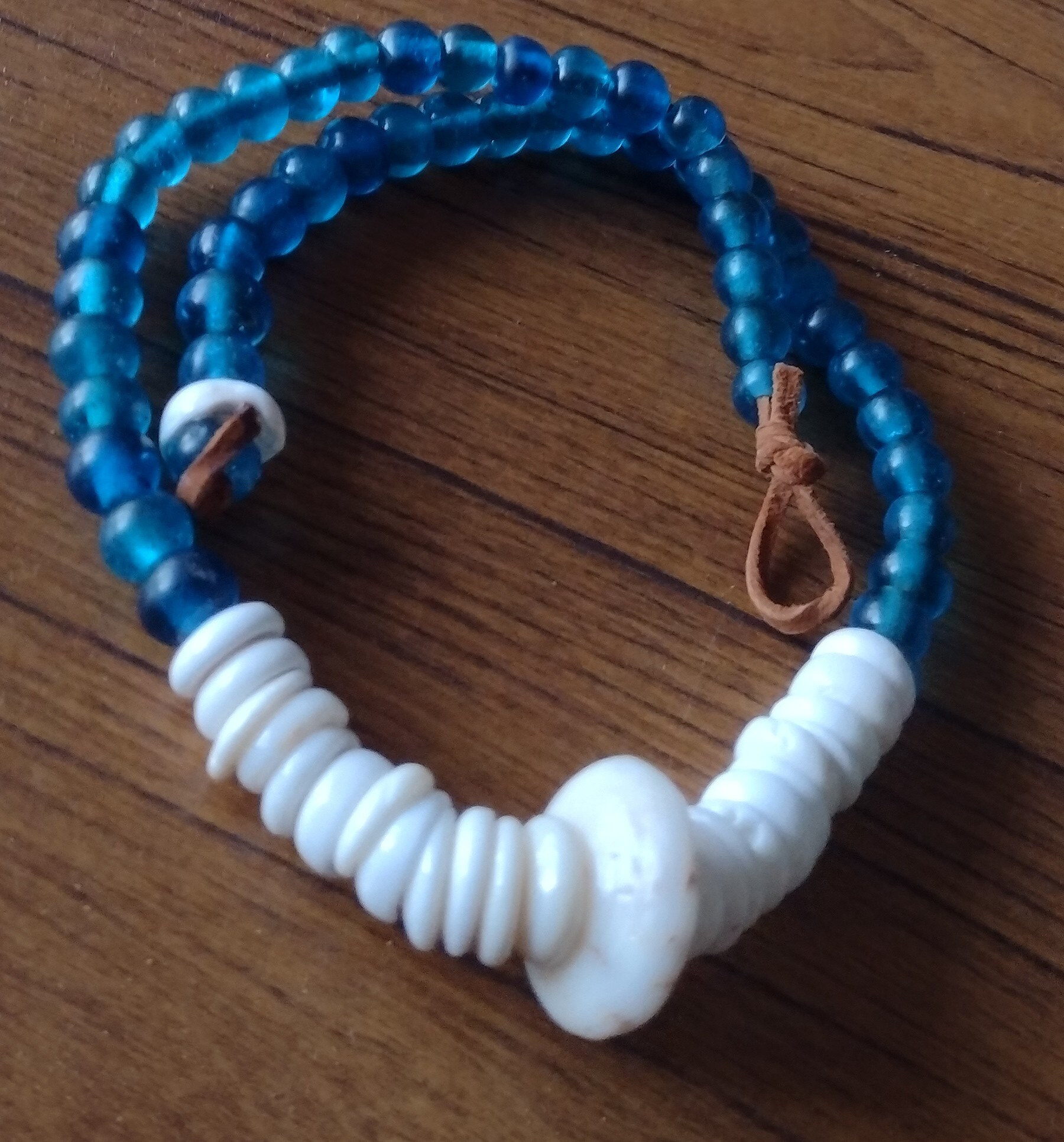 Puka Shell Necklace, Antique Glass Necklace, Blue Glass Necklace ...